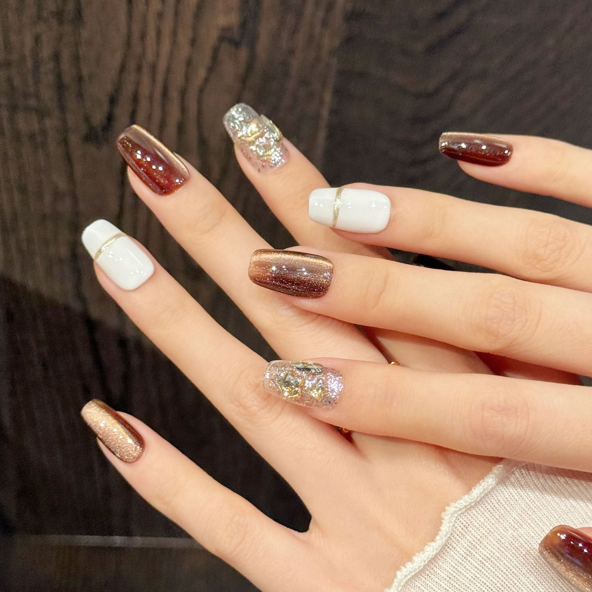 Brown Gold White Short Trapezoid Nails – Moment Nails